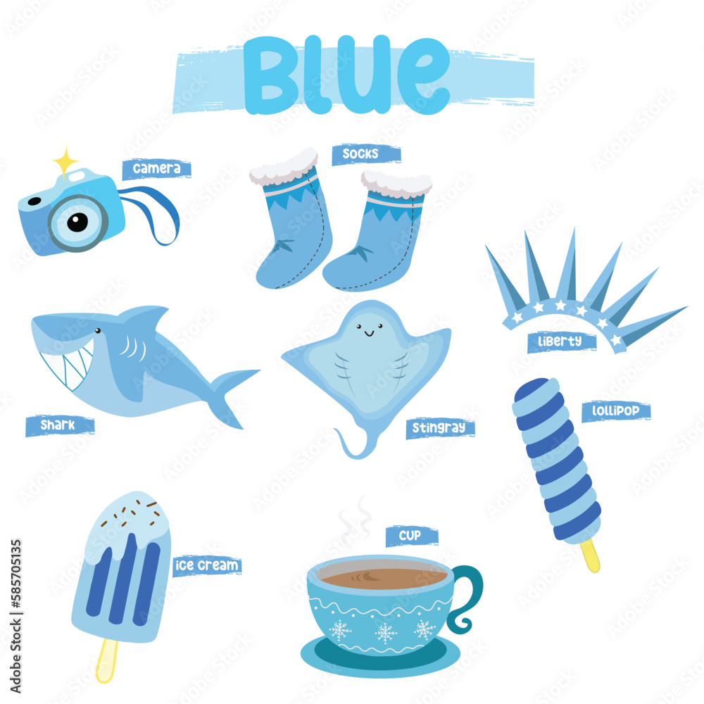Set of blue color objects. Primary colours flashcard with blue elements ... Set of blue color objects. Primary colours flashcard with blue elements ...