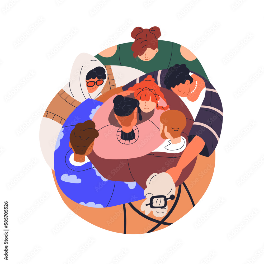 People group in circle, hugging together, top view. Supportive, caring ...