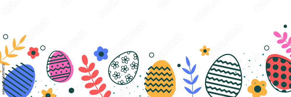 Easter eggs and flowers on transparent background. Modern cartoon style ...