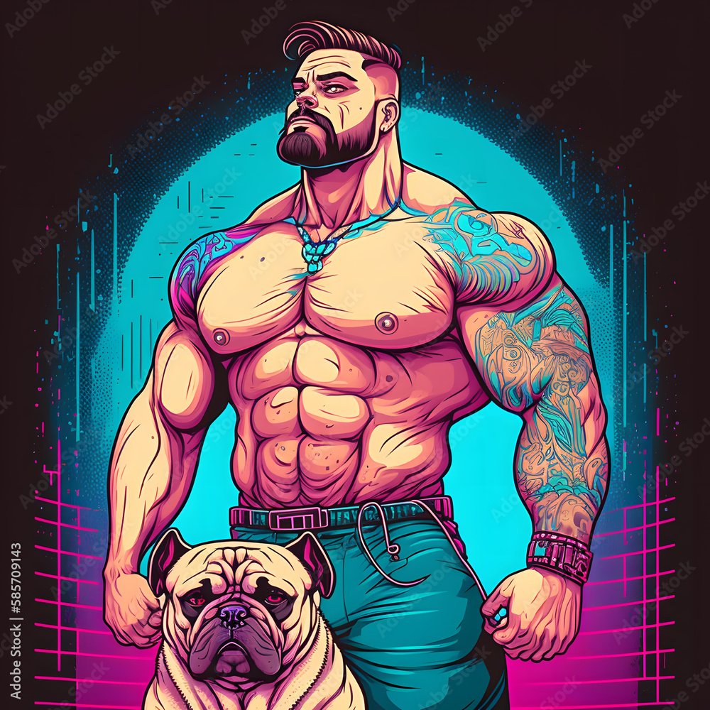 Bodybuilder with dog created with generative AI technology Stock ...