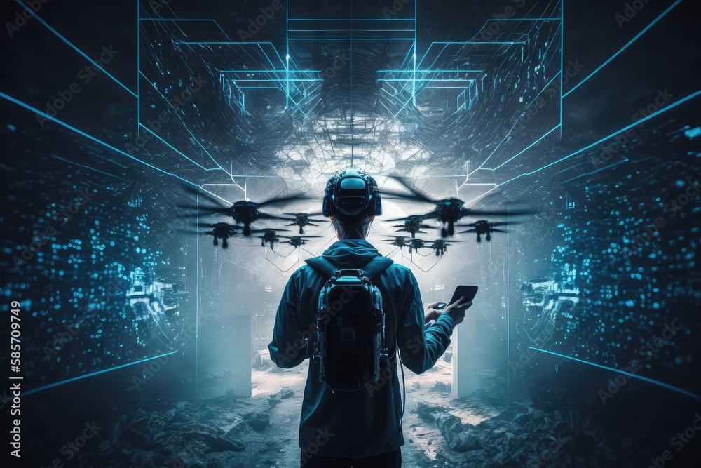 person, using neural network to control drone, in futuristic and ...