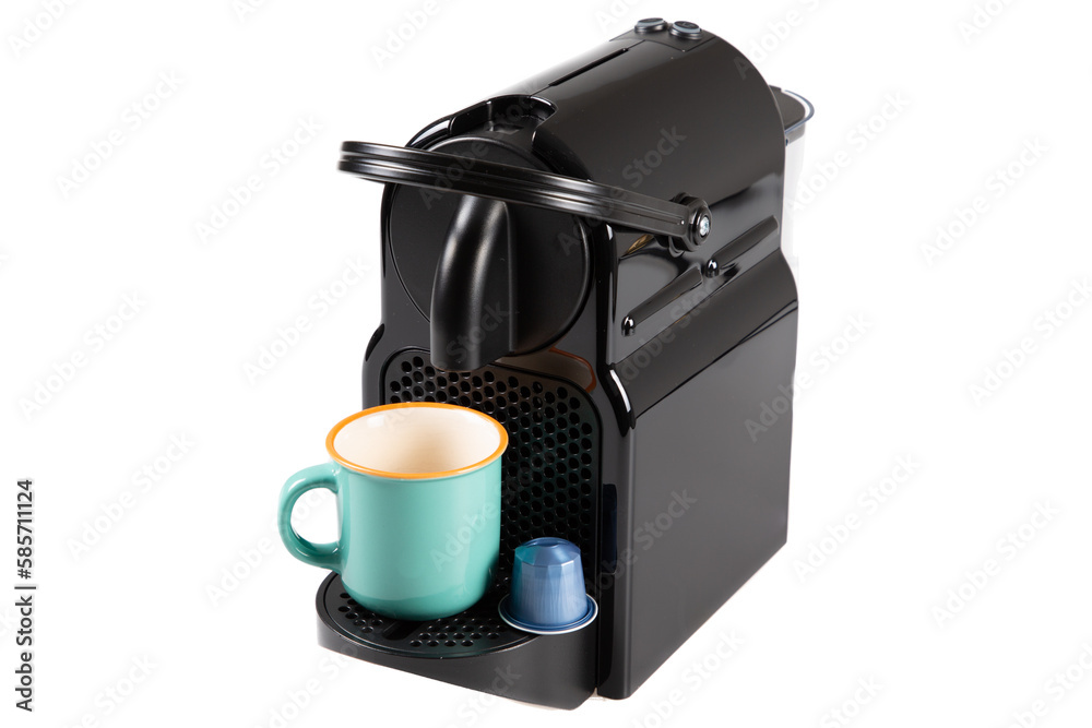 black espresso coffee machine with blue capsule and green cup on png ...