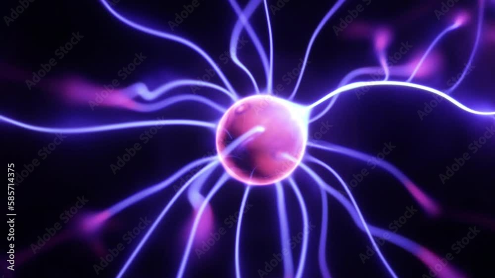Plasma globe in slow motion. Center ball emitting blue, purple and ...