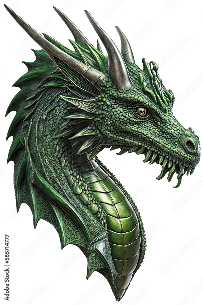 The head of a green dragon with a mane and neck on a transparent ...
