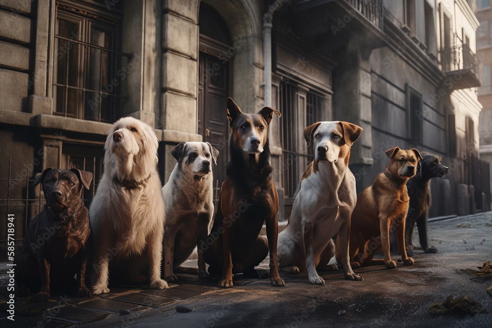 a pack of dogs of different breeds are sitting in a row, created by a ...