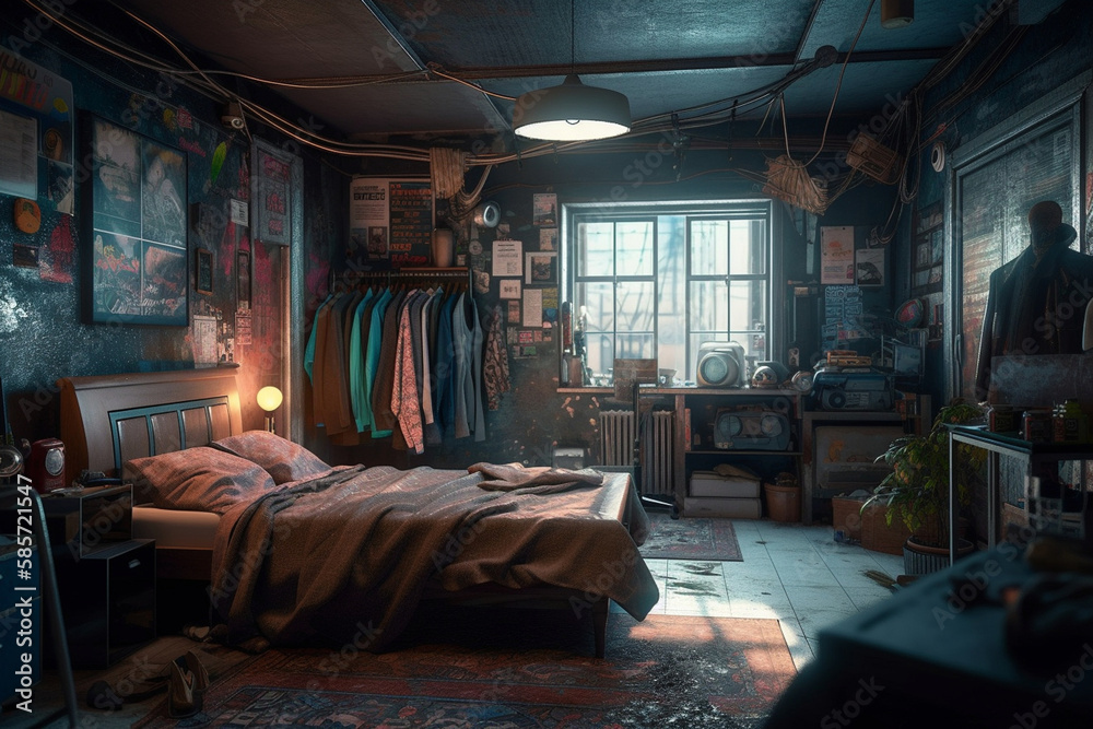 an untidy bedroom, created by a neural network, Generative AI technology Stock Illustration ...