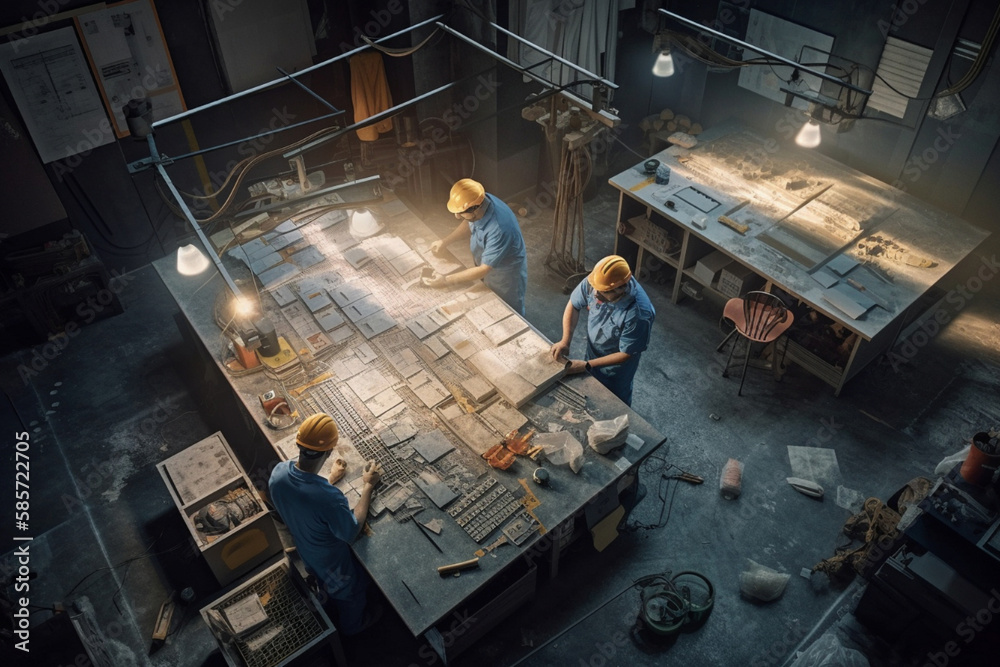 engineers and builders are working on the project, created by a neural ...