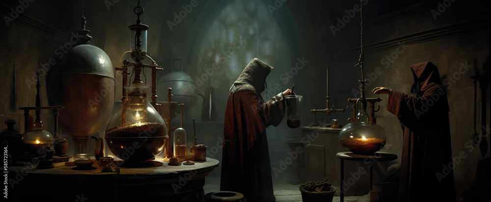 Medieval alchemists brewing potions in a dark laboratory. Mystical ...
