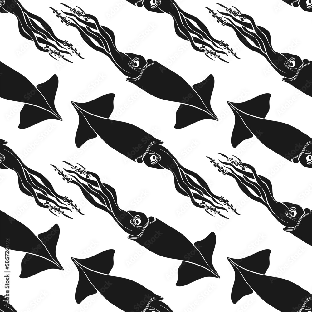 Squids. Stylish seamless pattern on white. Animal vector background ...