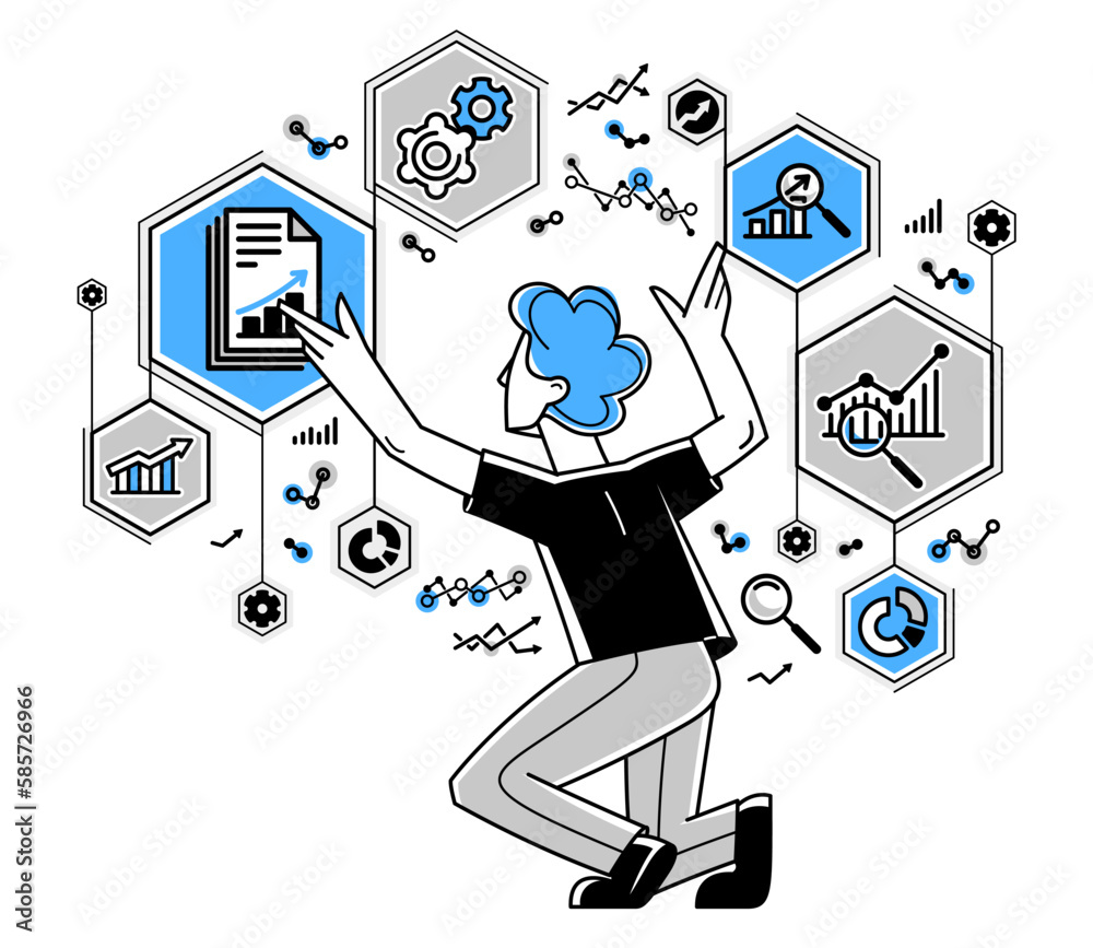 Vetor De Worker Analyzes Some Data And Systematizing Information Vector Outline Illustration