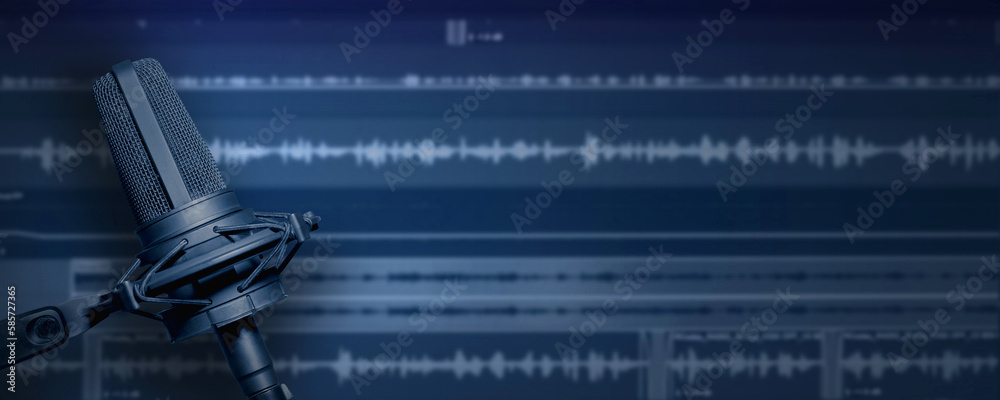 Vocal microphone with audio mixing background and copy space for ...