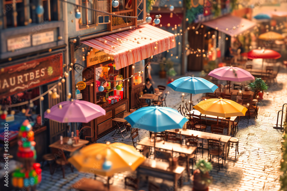 A bustling outdoor café, where patrons sip on iced coffees and enjoy ...