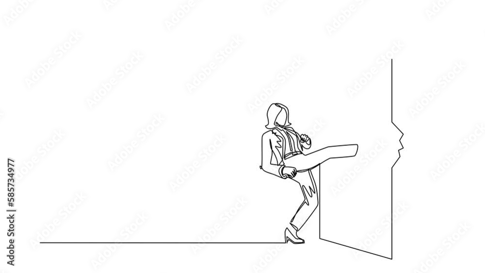 Animated self drawing of continuous line draw businesswoman doing kung ...