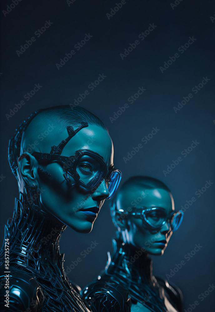 Two futuristic cyborg women in smart and stylized suits for survival in ...