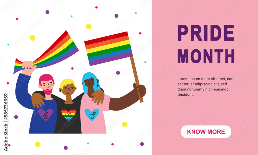 Pride month landing page and banner. Three lgbt people of various skin ...
