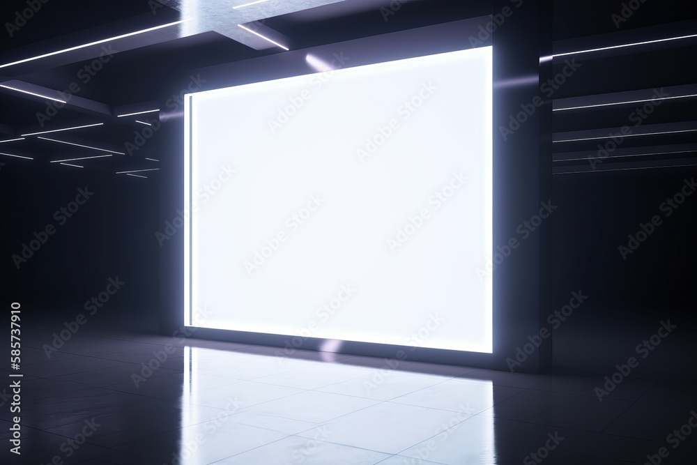 A blank white screen with space for logo or text in a dark room with a ...