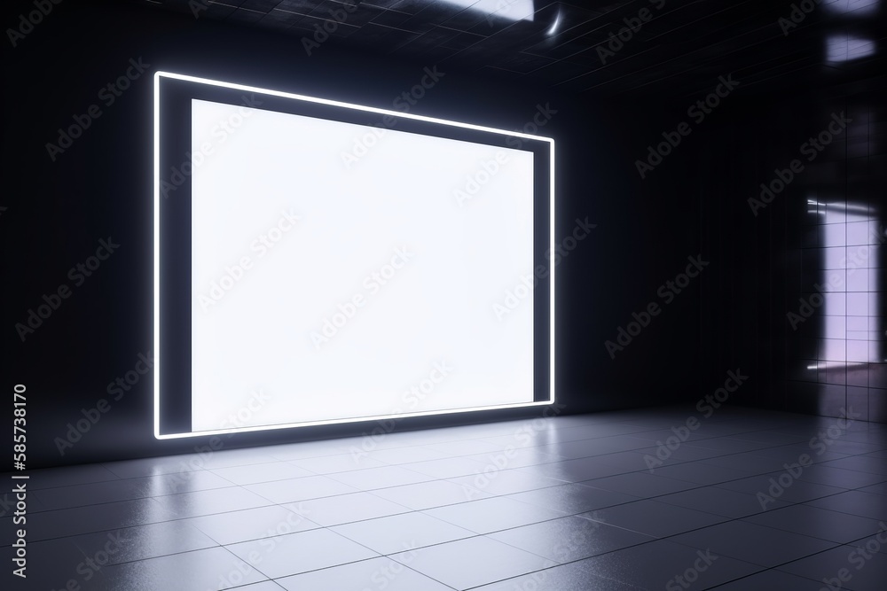 A blank white screen with space for logo or text in a dark room with a ...