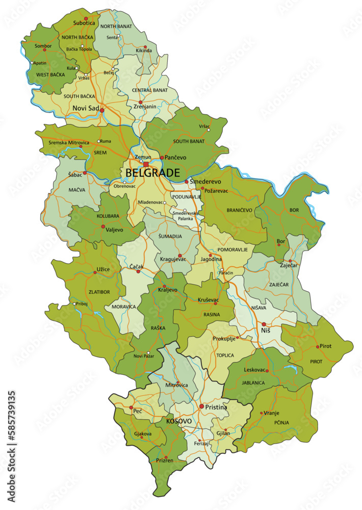 Highly detailed editable political map with separated layers. Serbia ...