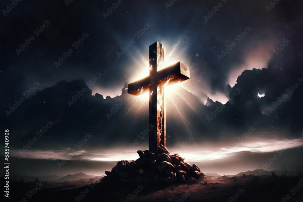 Christian cross on top of the hill in sun rays. Easter background ...