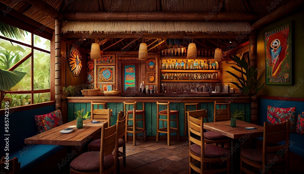 A tropical-themed restaurant with bamboo furniture, colorful tile ...
