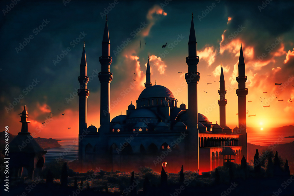 The mosque's silhouette and enigmatic shadows create an alluring ...