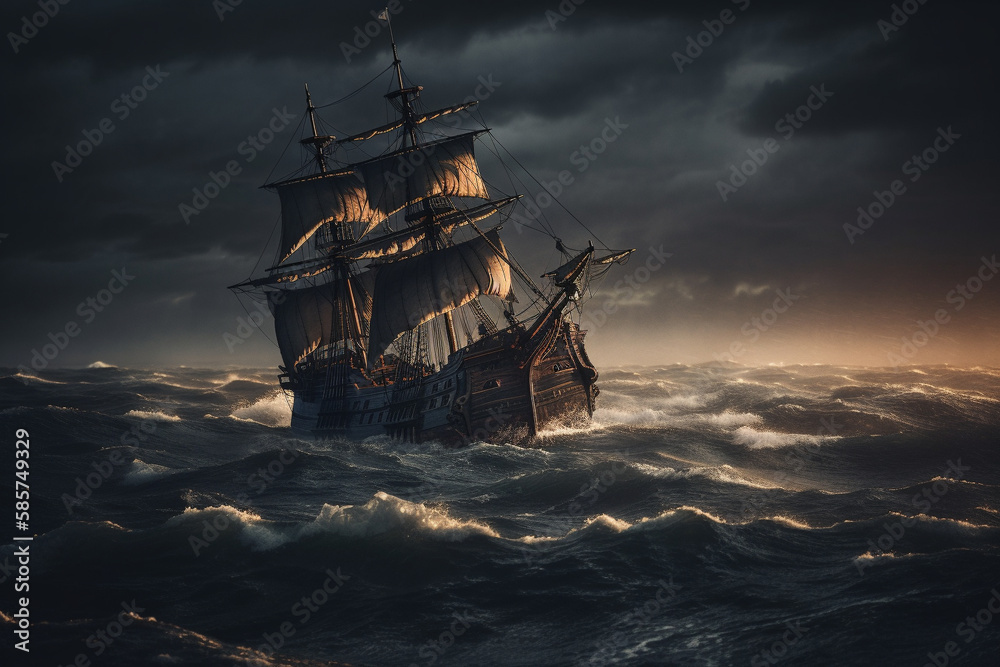 The Black Pirate Ship sailing on a stormy sea, representing adventure ...