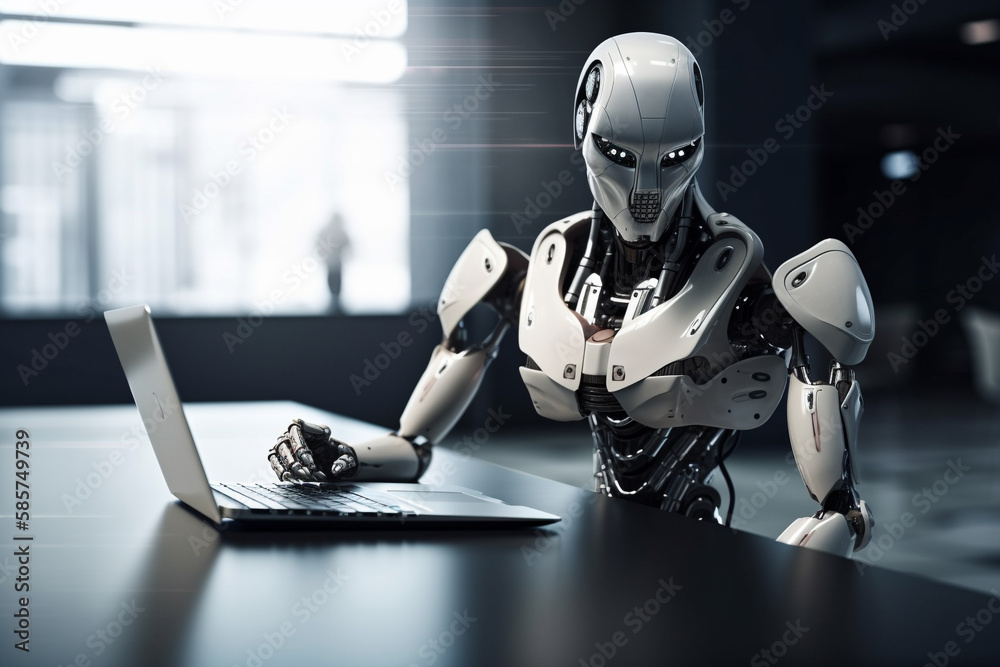 Futuristic humanoid robot, sitting in front of a laptop and texting ...