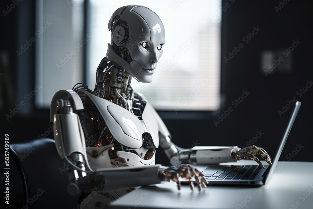 Futuristic humanoid robot, sitting in front of a laptop and texting ...