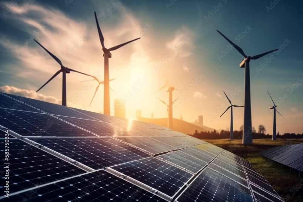 Renewable Energy Landscape Concept with Solar panels and Wind turbines ...