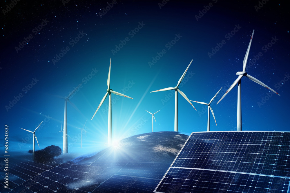 Renewable Energy Landscape Concept with Solar panels and Wind turbines representing the use of ...