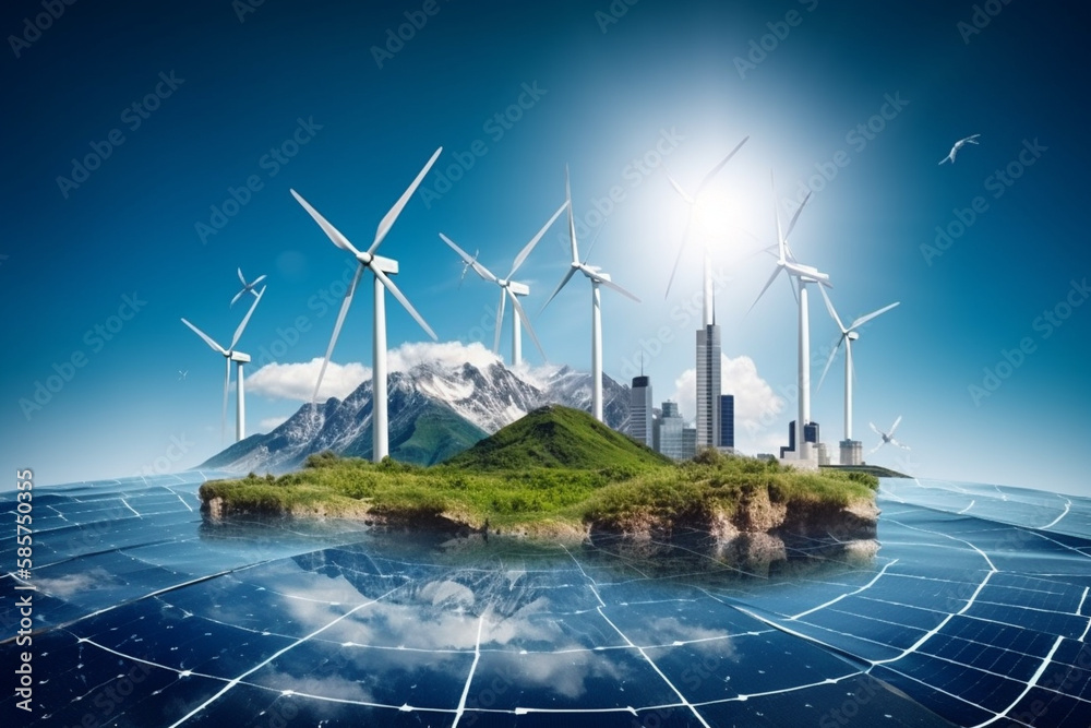 Renewable Energy Landscape Concept with Solar panels and Wind turbines representing the use of ...