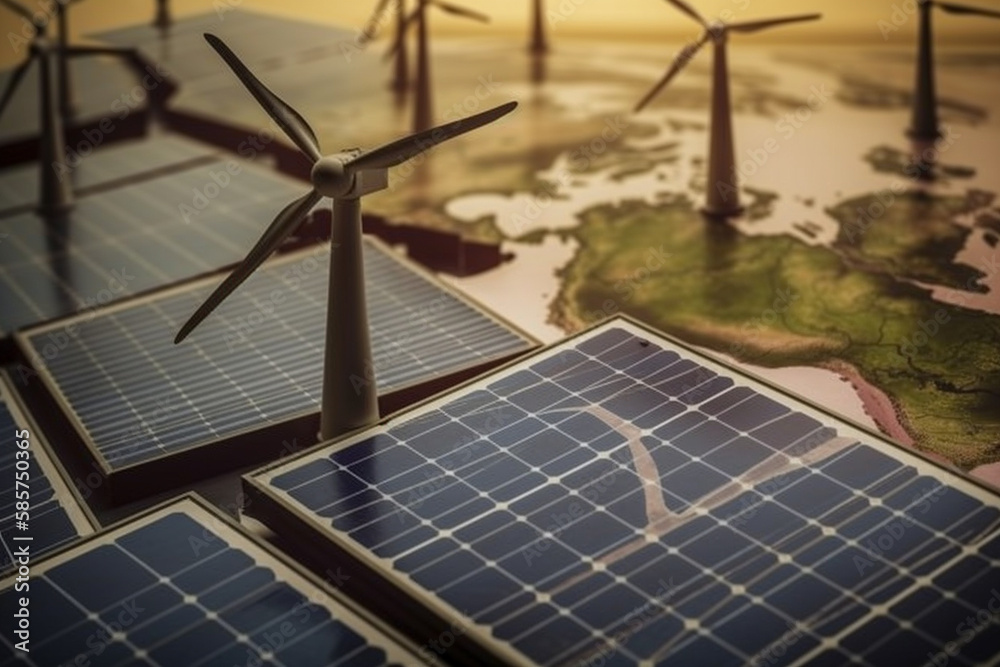 Renewable Energy Landscape Concept with Solar panels and Wind turbines representing the use of ...