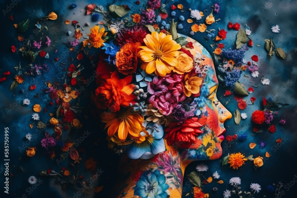 Beautiful woman with vibrant spring flowers in place of her hair ...