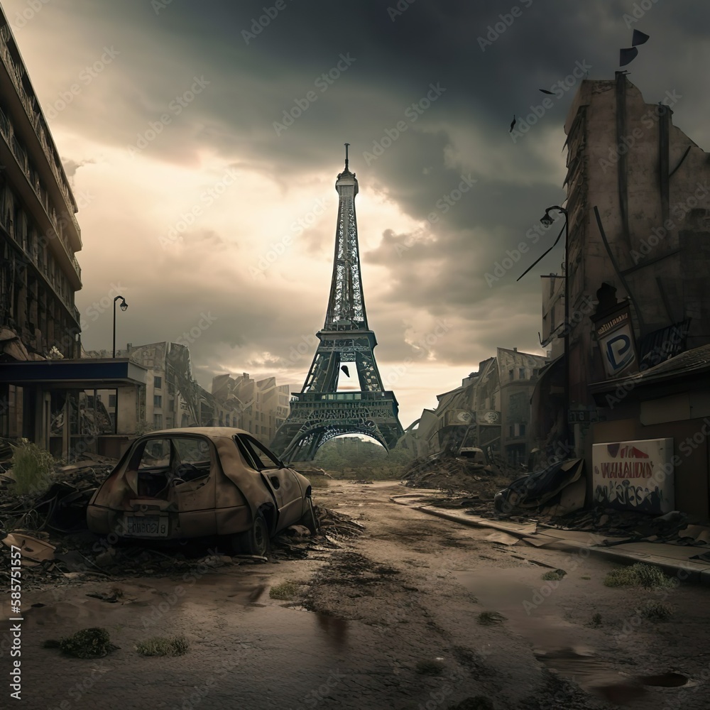 A post-apocalyptic scene of Paris in ruins, with iconic landmarks such ...