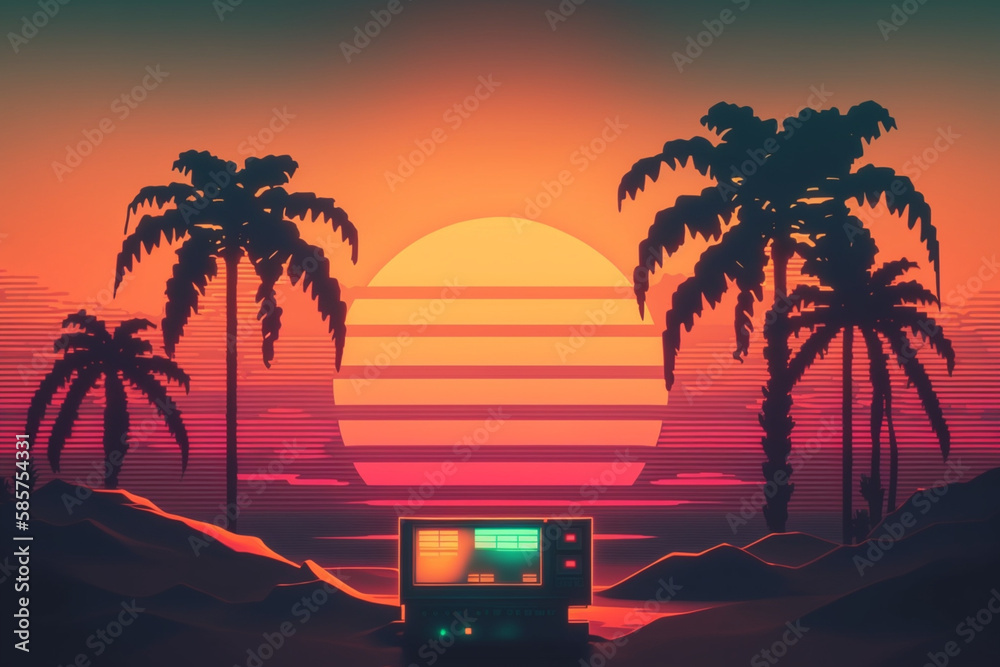 Sunset With Synth Wave Vibes And Palm Trees 80s Retro Color Scheme