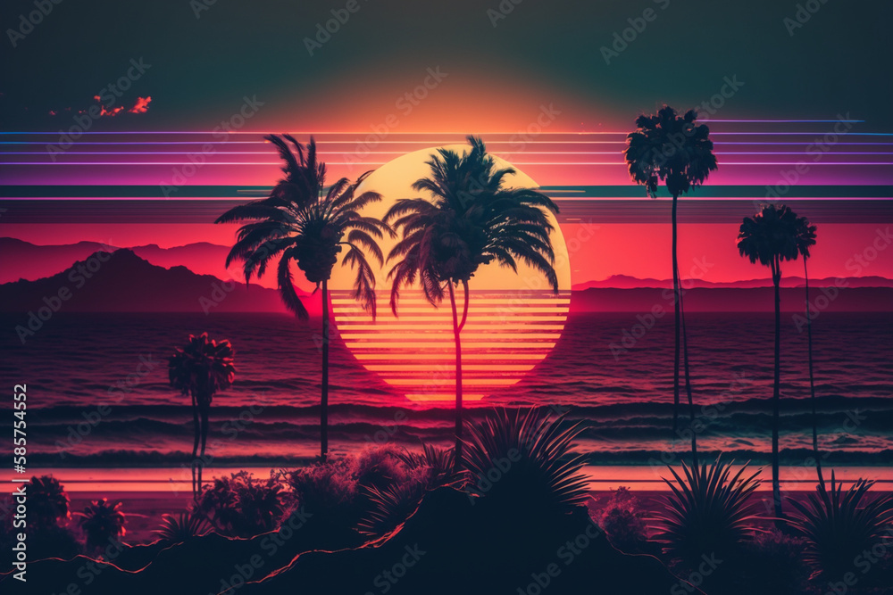 Sunset With Synth Wave Vibes And Palm Trees 80s Retro Color Scheme