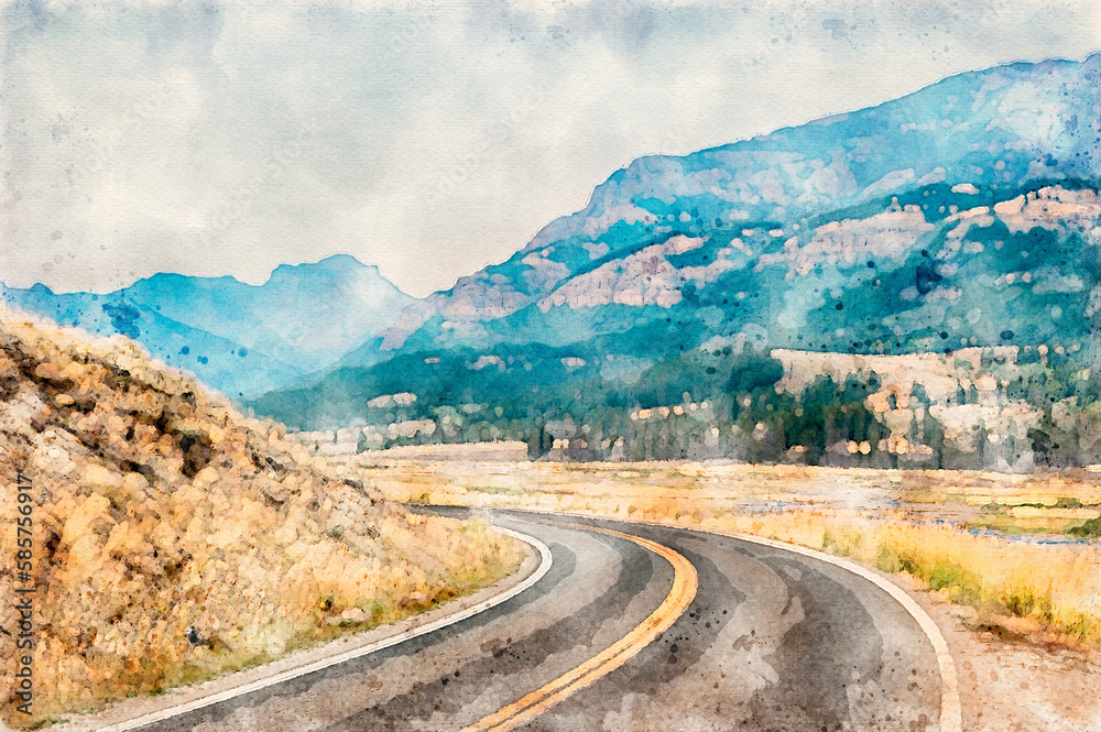 Digitally created watercolor painting of a curved paved road in ...