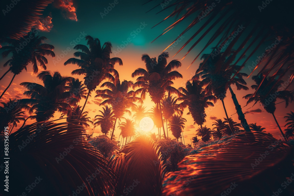 Sunset With Synth Wave Vibes And Palm Trees 80s Retro Color Scheme