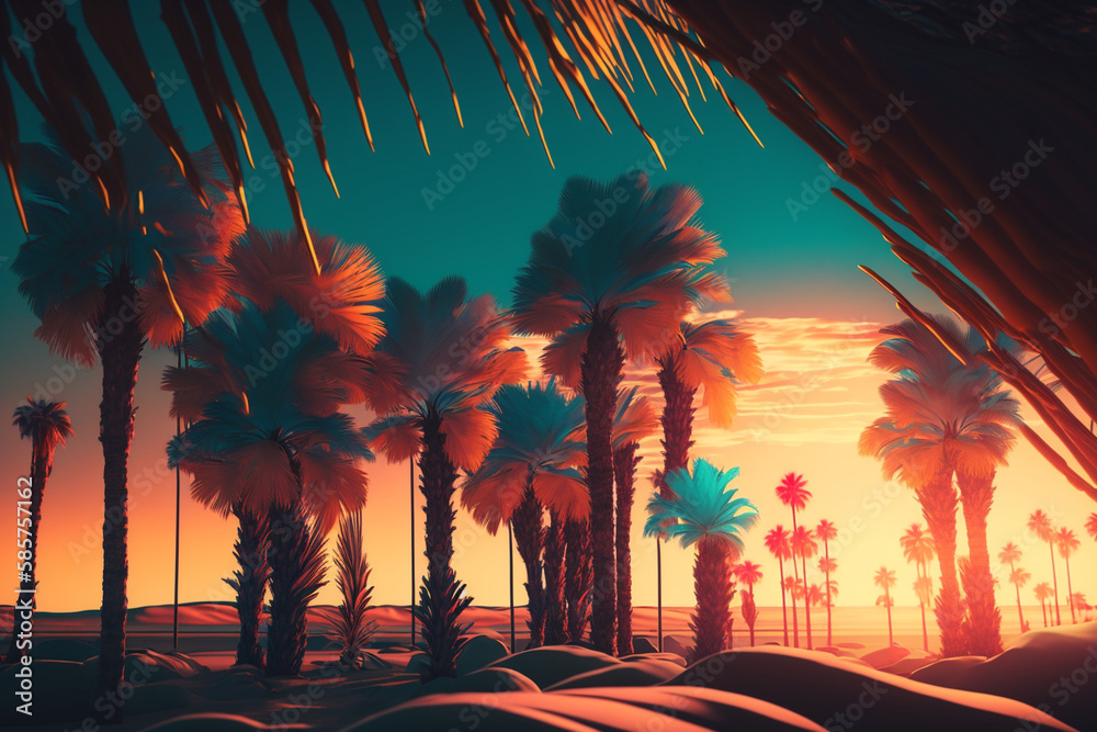 Sunset With Synth Wave Vibes And Palm Trees 80s Retro Color Scheme