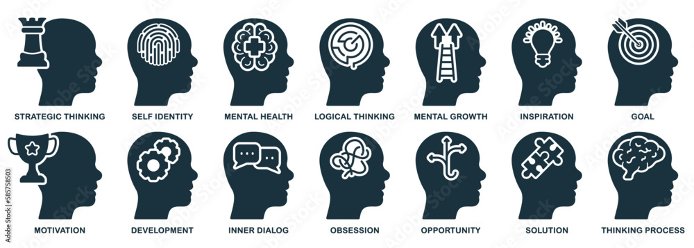Human Mind Process Silhouette Icon Set. Emotional Intelligence Glyph ...