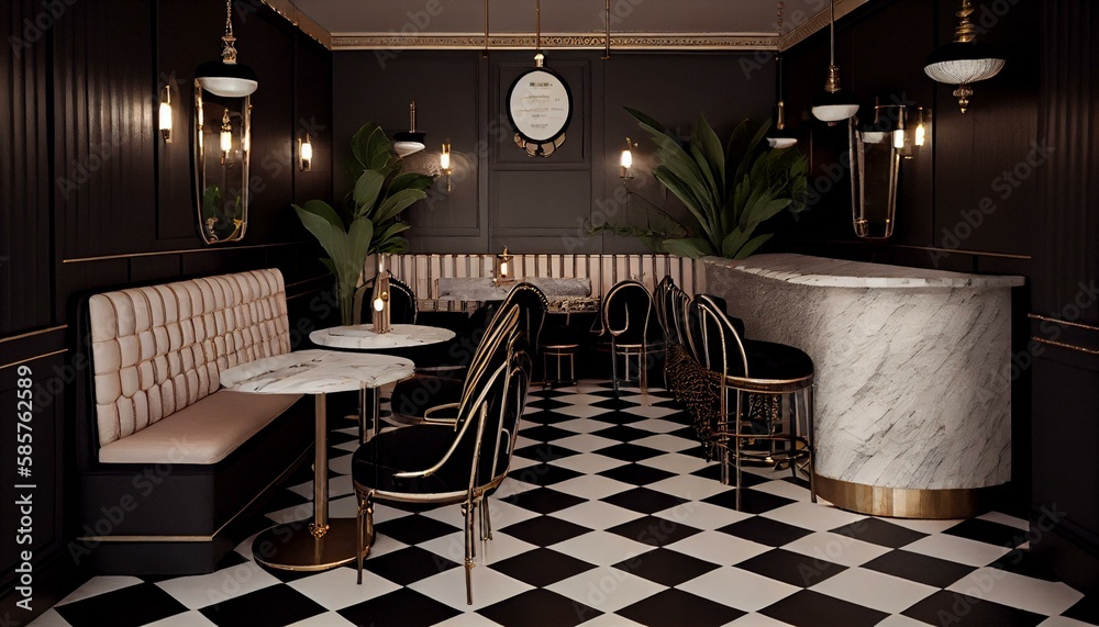 A retro-themed cocktail lounge with velvet booths, brass accents, and a ...