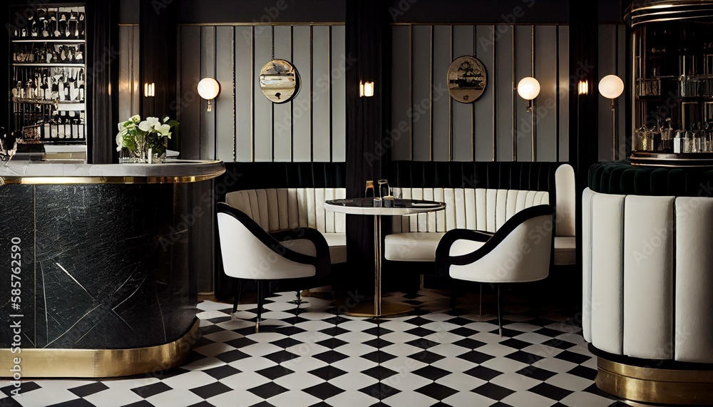 A retro-themed cocktail lounge with velvet booths, brass accents, and a ...
