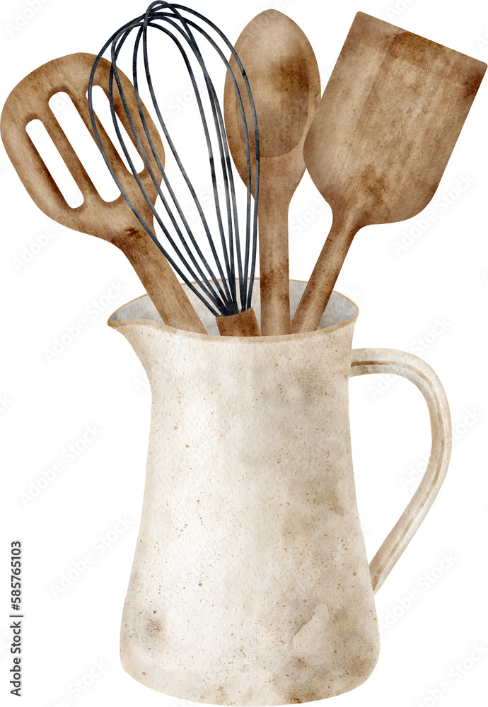 Watercolor baking utensils illustration. Hand drawn wood spatula ...