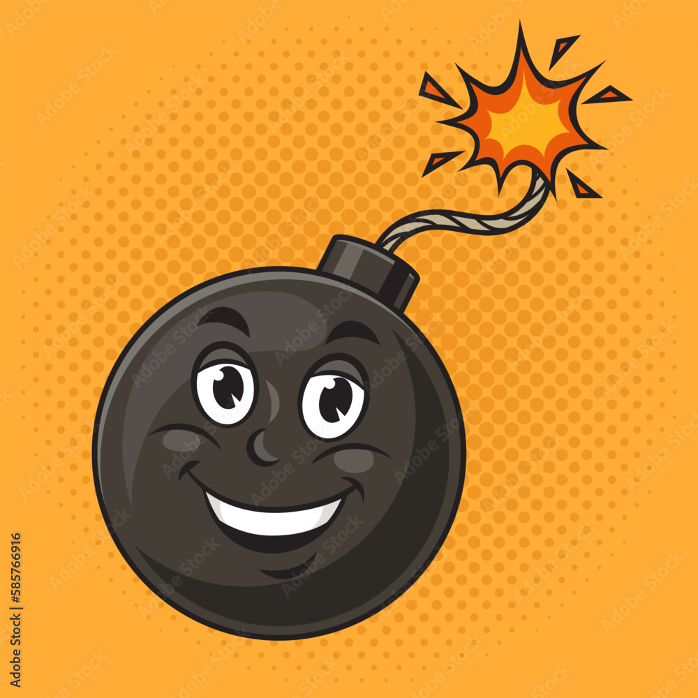 cartoon bomb with smile on face and lit fuse pinup pop art retro vector ...