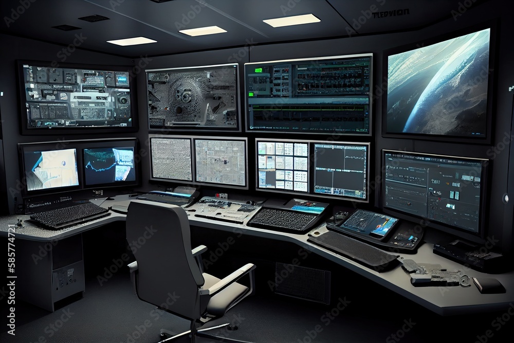 high-tech monitor surveillance room with multiple screens, advanced ...