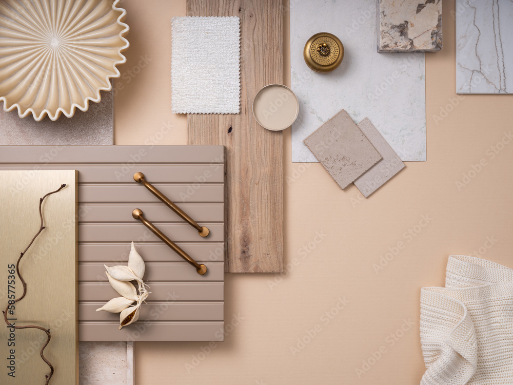 Foto Stock Classic flat lay composition in beige and gray color palette ...