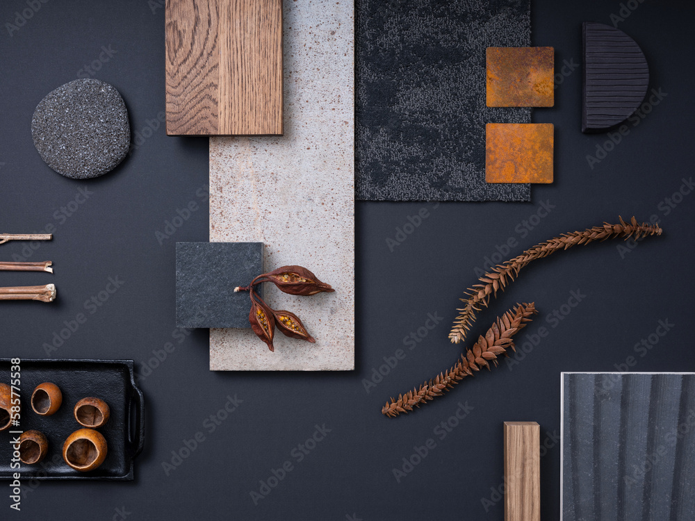 Aesthetic flat lay composition in grey and navy color palette with ...