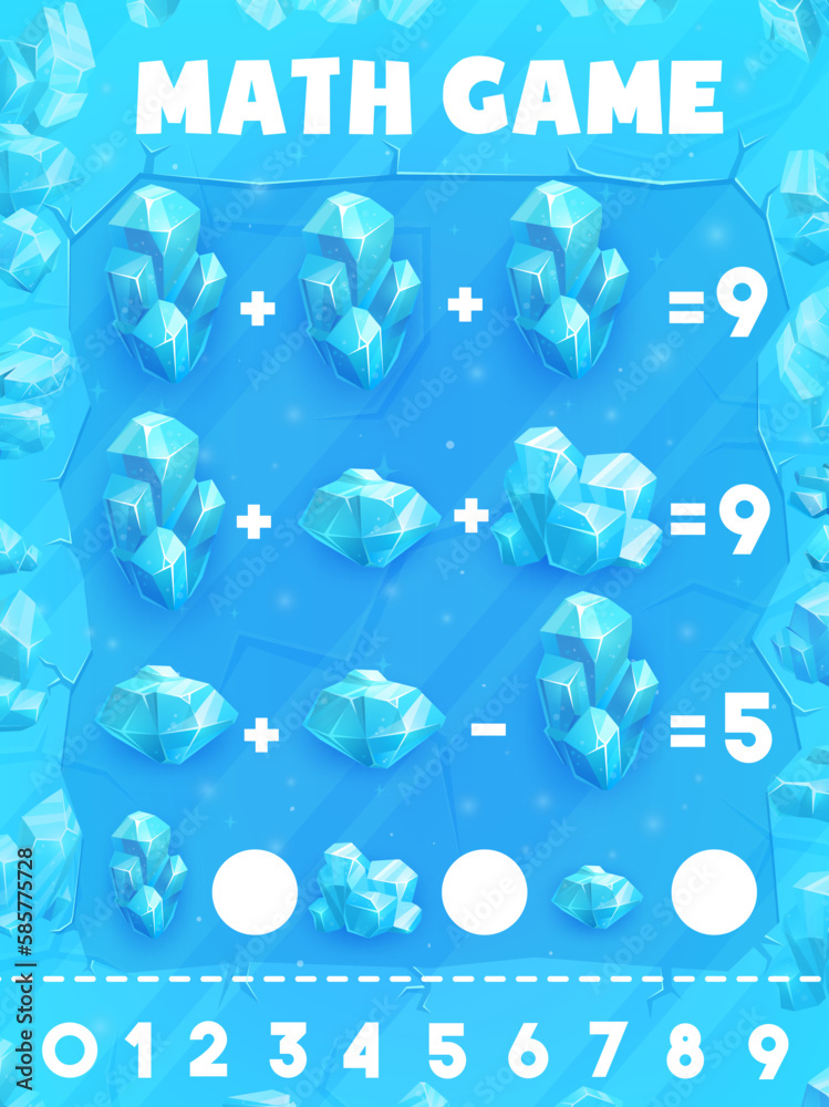 Math game worksheet, ice crystals and cubes, vector mathematics puzzle ...