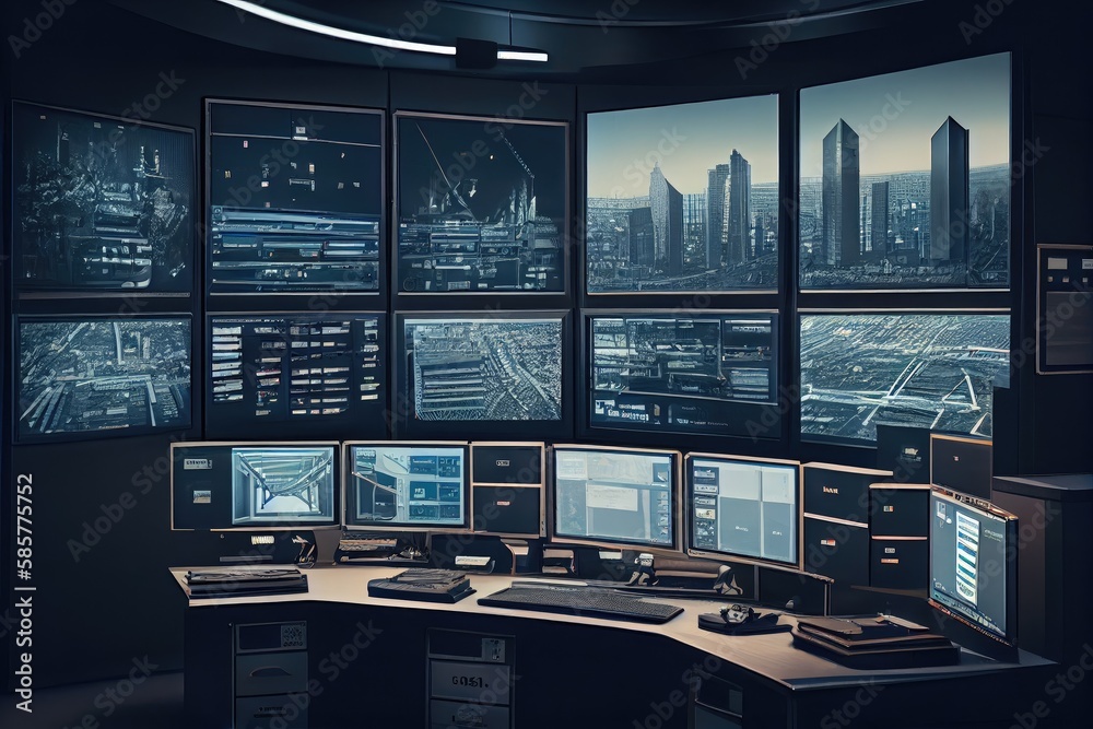 surveillance room with banks of monitors, each showing different view ...