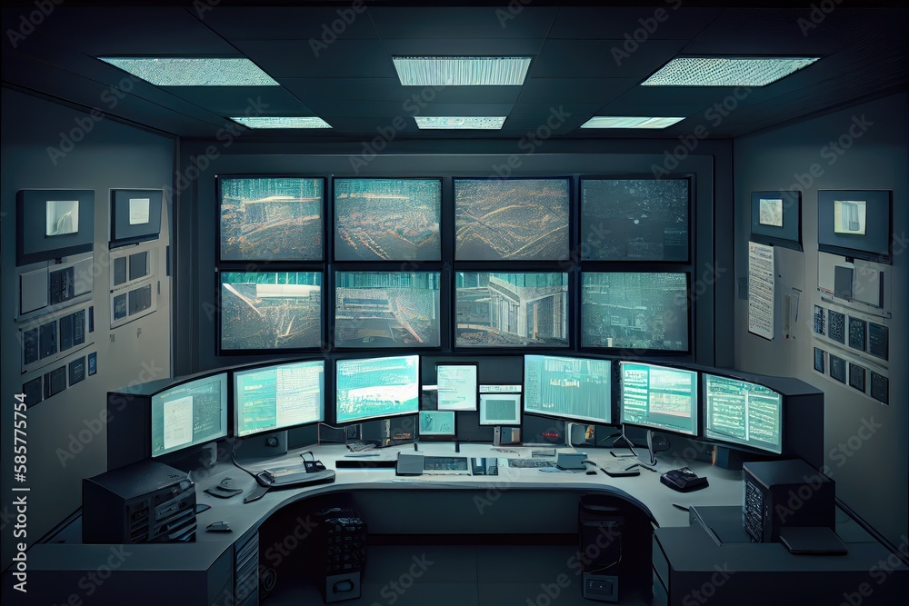 surveillance room with banks of monitors, each showing different view ...